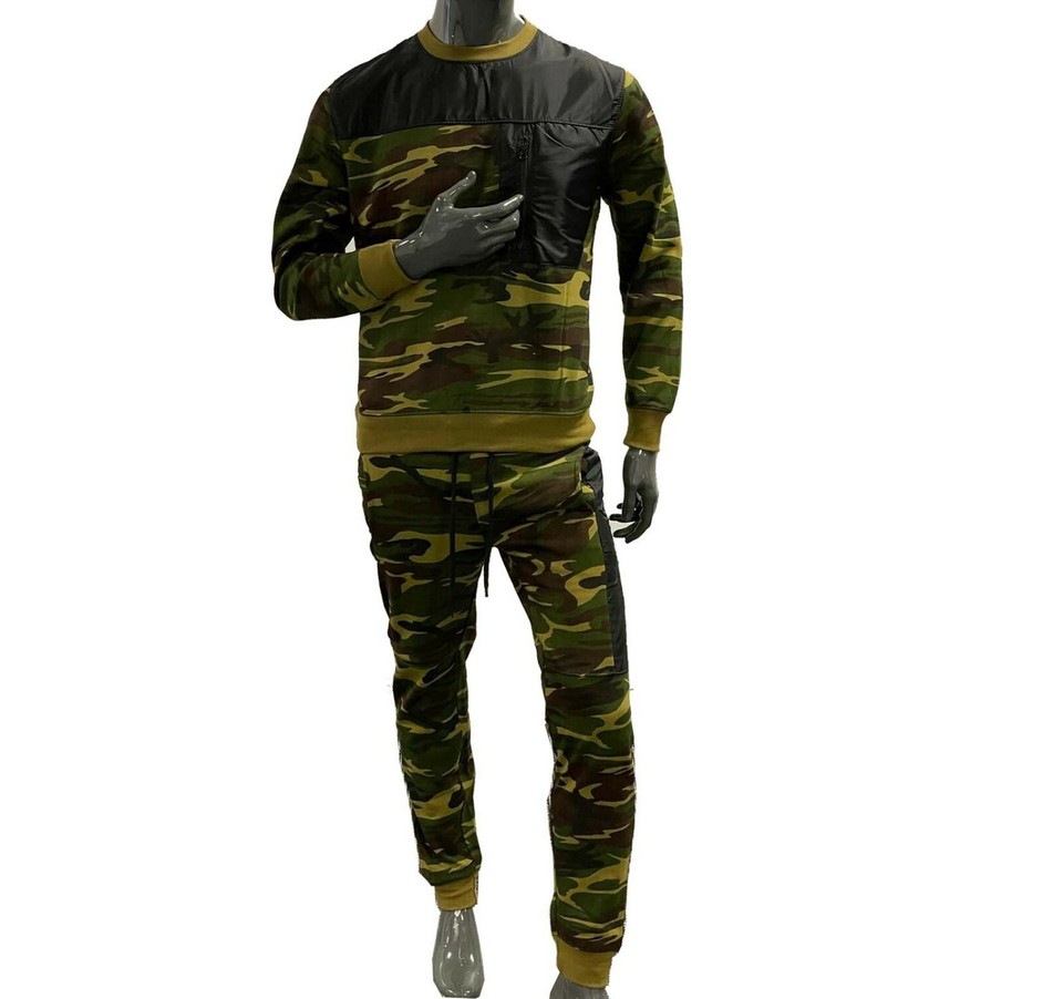 Mens Camo Tracksuit Set Pullover Fleece Sweatshirt Joggers Bottoms size ...