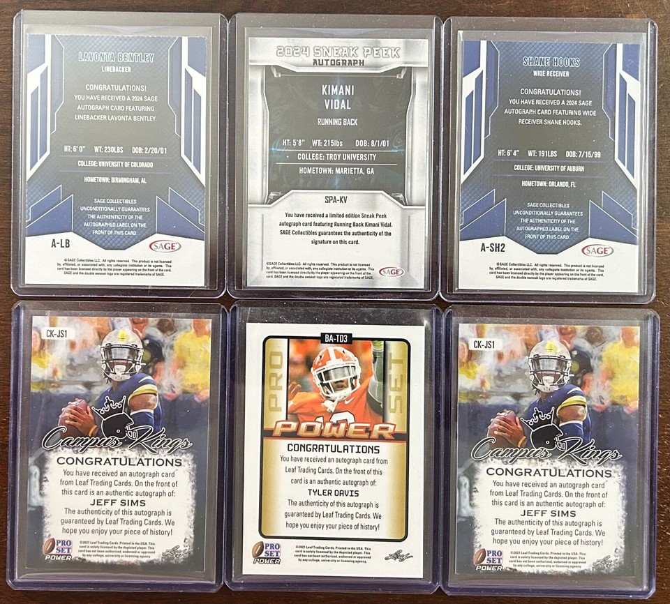 (6) Football Auto Card Lot / 2024 Sage 2021 Leaf - NFL NCAA NIL CFL ...