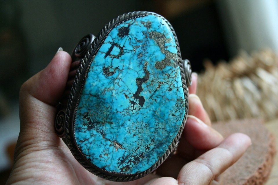 Vintage Native American Museum Gem Quality Turquoise Slab Sterling Cuff ...