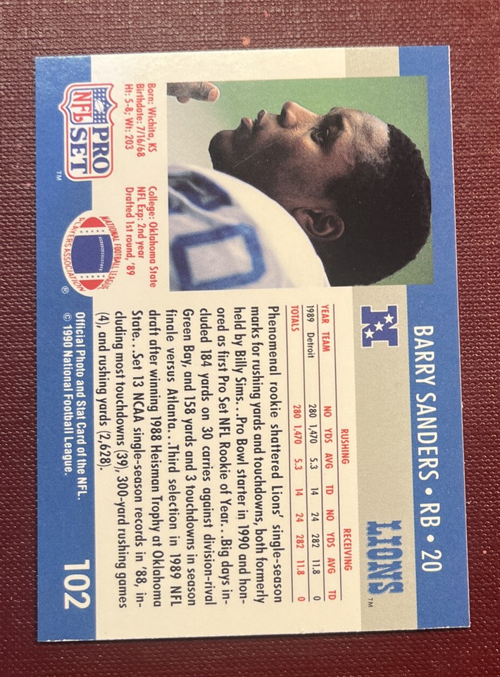 Barry Sanders 1990 Pro Set Card #102, NM-MT (BIGJ’S) Detroit Lions | eBay