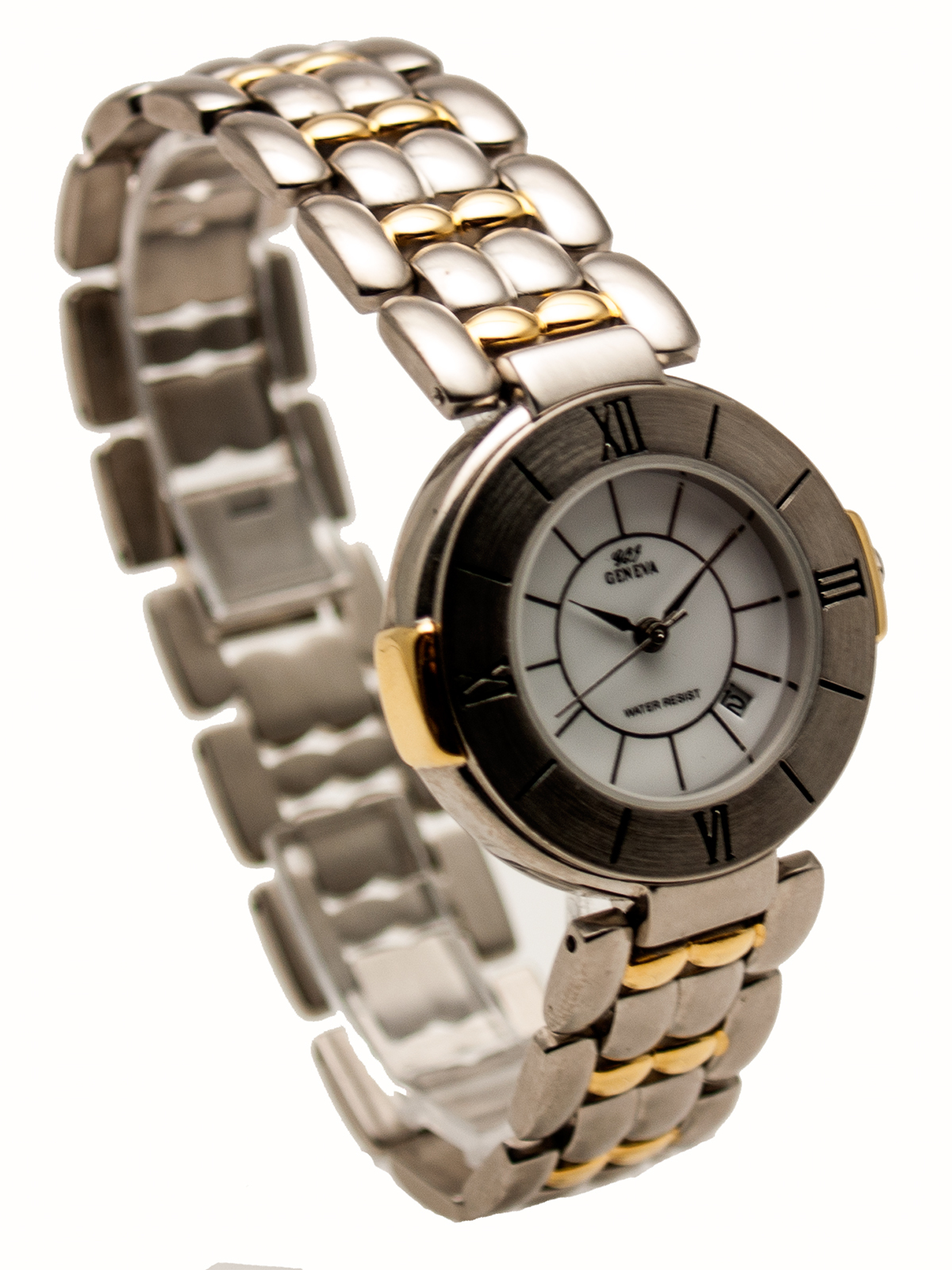 GQI GENEVA:WOMEN'S STAINLESS STEEL BAND WITH GOLD TONE ROUND CASE DATE ...