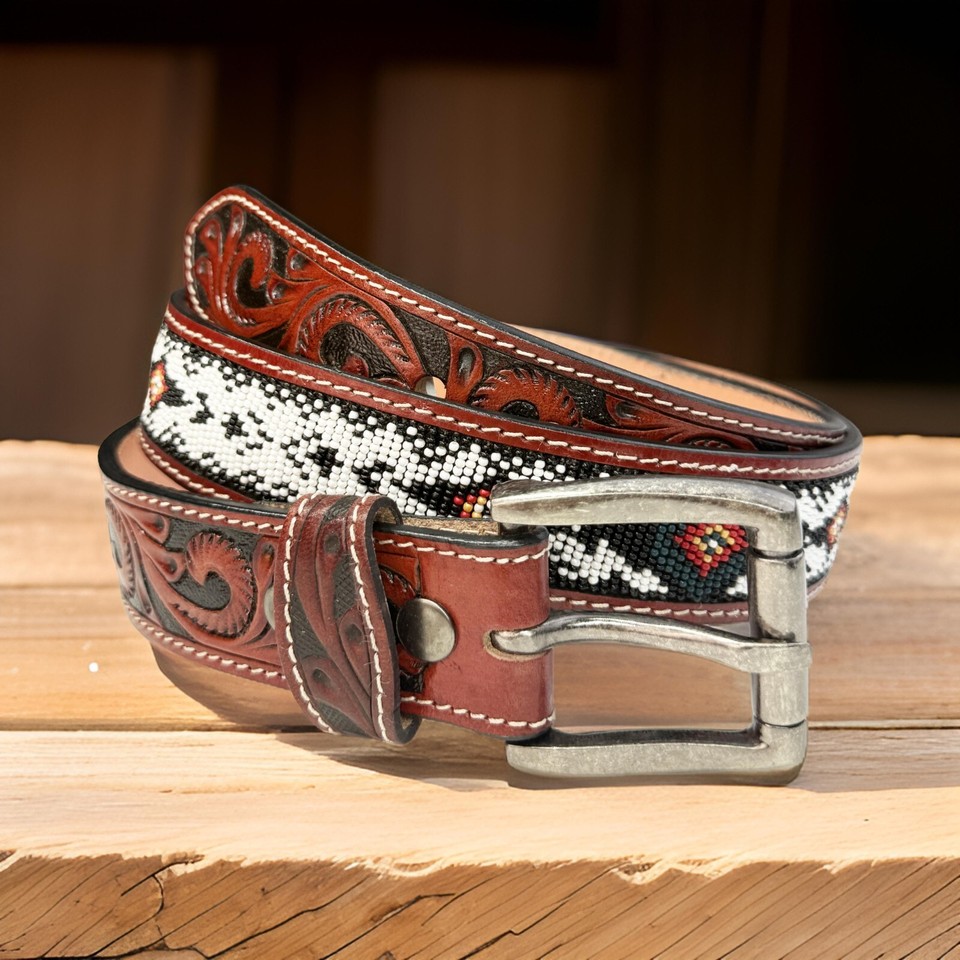 Beaded Western Belt Cowboy Rodeo Full Grain Leather Hand Tooled ...