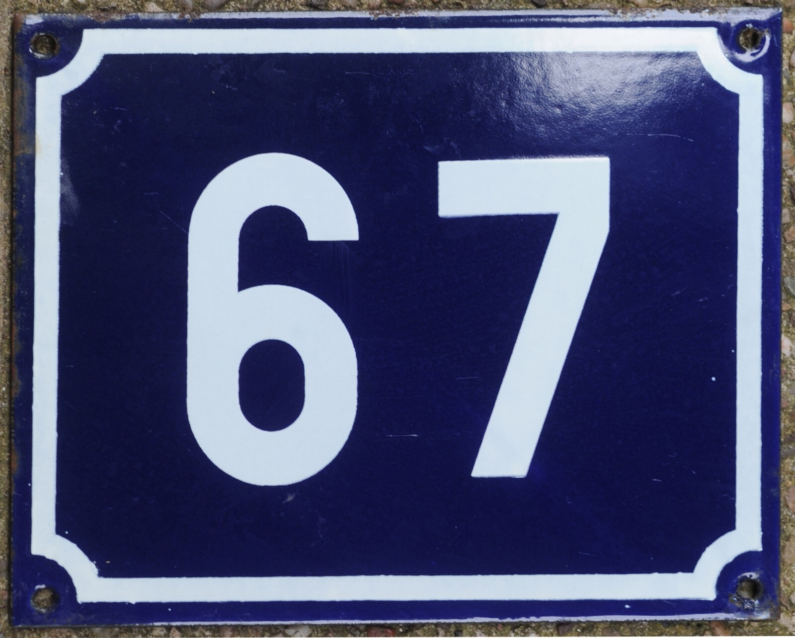 Large old blue French house number 67 door gate plate plaque enamel ...