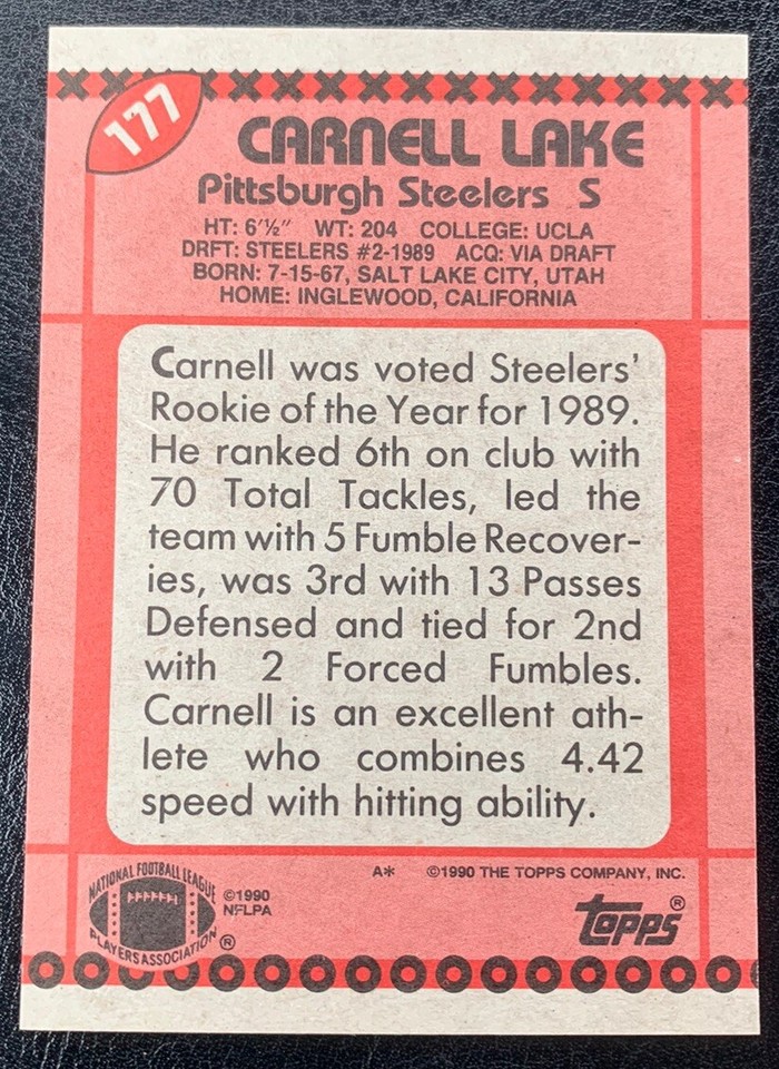 1990 Topps Super Rookie Carnell Lake #177 RC Pittsburgh Steelers - Nice ...