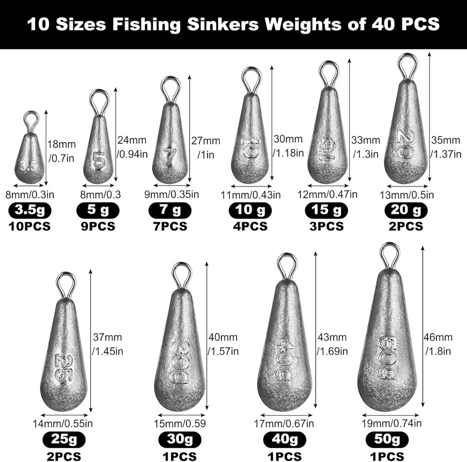 40 x Fishing Weights Drop Shot With Swivel Set All Size Lead 3.5g-50g ...
