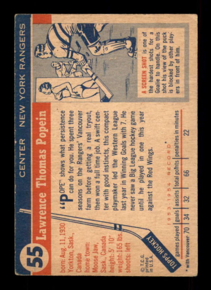 1954-55 Topps #55 Larry Popein VG/VGEX RC Rookie NY Rangers 540083 | eBay