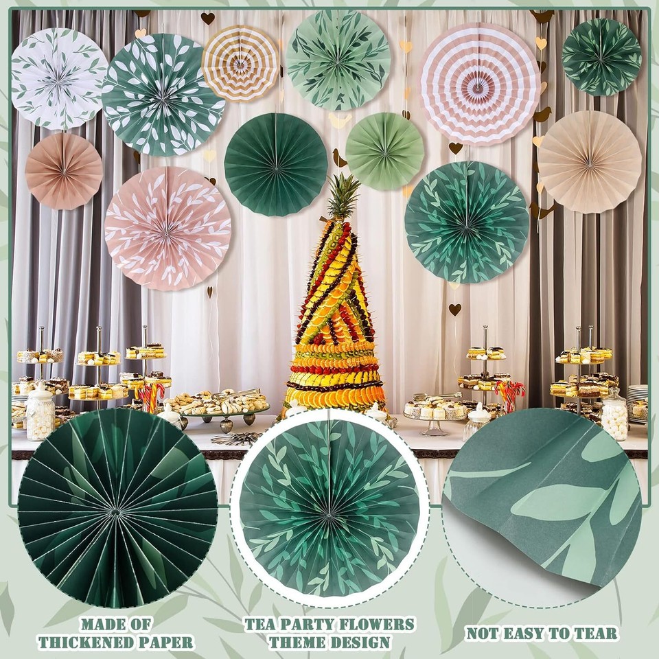 Thenshop 12 Pcs Green Hanging Paper Fans Decoration Wedding Boho Leaf ...