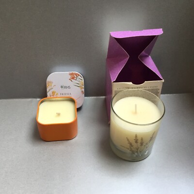 RHS Fragranced Candles x2 -1x Lavendel Jar Candle 1x Freesia Tinned Wax ...
