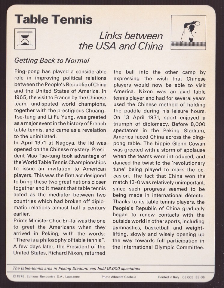 LINKS BETWEEN USA AND CHINA Table Tennis Peking Stadium 1978 ...