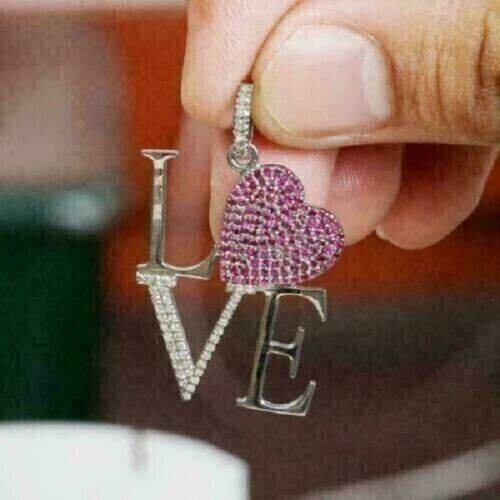 Round Cut Simulated Pink Ruby Women's "LOVE" Fancy Pendant 14k White ...