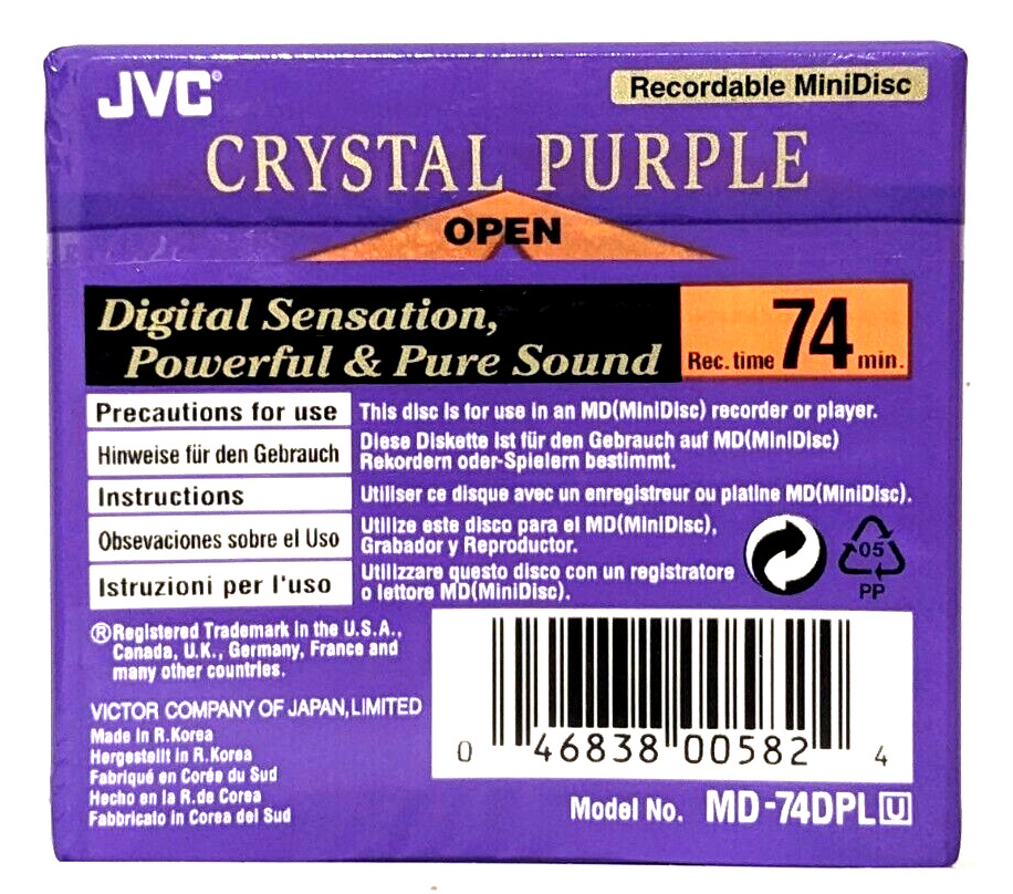 JVC Minidisc MD-74DPL Crystal Purple 74 MIN Recordable Music Audio ...