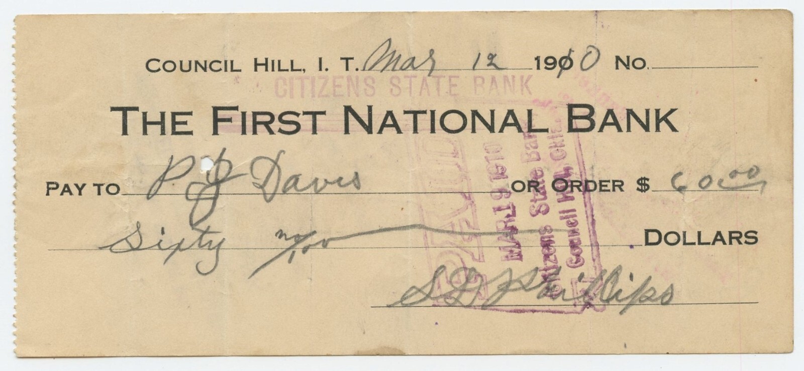 1900 Council Hill Indian Territory The First National Bank Check ...
