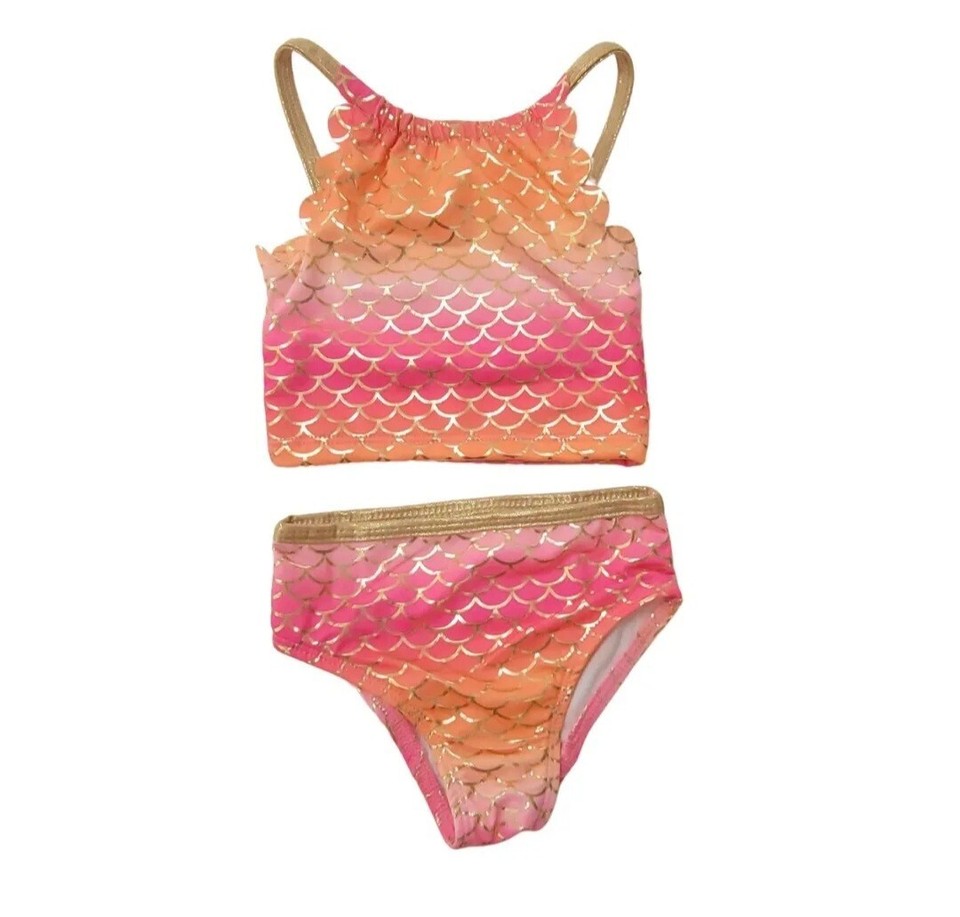 Mermaid Scallop Pink Orange & Metallic Gold Girls 2 Piece Bikini ...