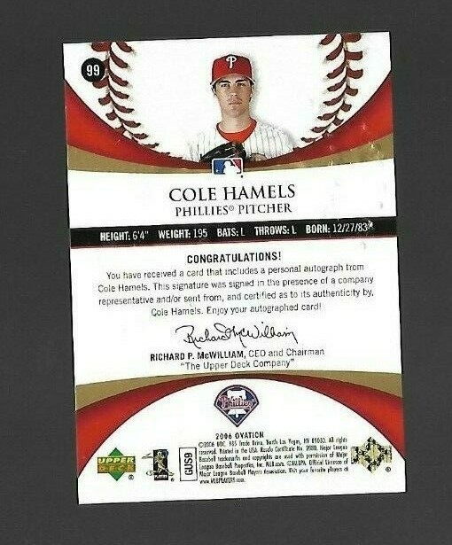 2006 OVATION # 99 COLE HAMELS PHILLIES ROOKIE AUTO CARD #D 27/99 | eBay
