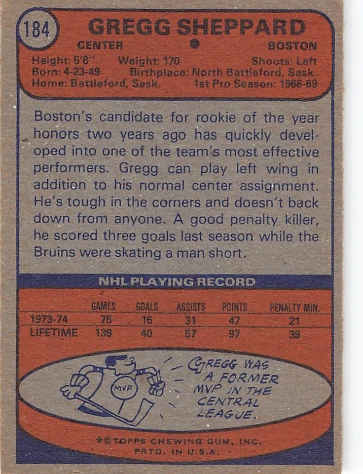 1974-75 Topps Hockey Gregg Sheppard #184 EX CONDITION BOSTON BRUINS | eBay