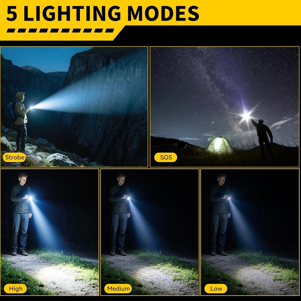 2PCS High Powered LED Flashlight Super Bright Light USB Rechargeable ...