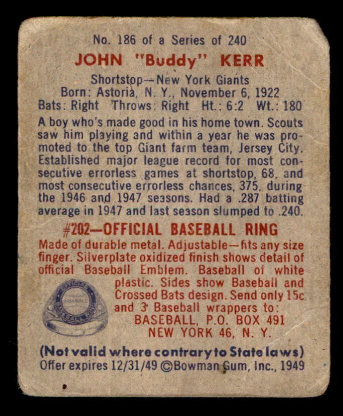 1949 Bowman Baseball #186 Buddy Kerr PR | eBay