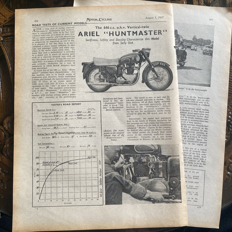 ARIEL 'Hunter" and "Huntmaster" road tests original Magazine 4 A4 pages ...