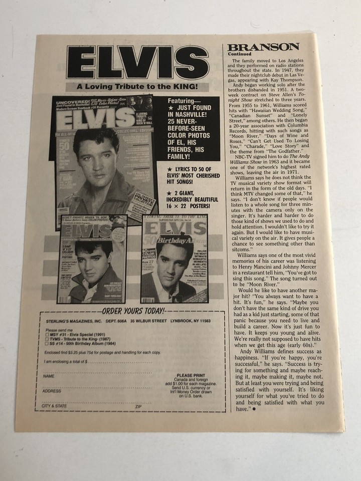 Andy Williams Vintage Magazine article double sided Branson USA | eBay