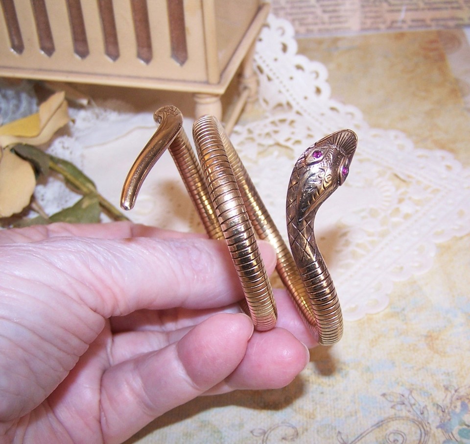 Victorian Revival 9K Rose Gold Ruby Expandable Cable Snake Bracelet ...