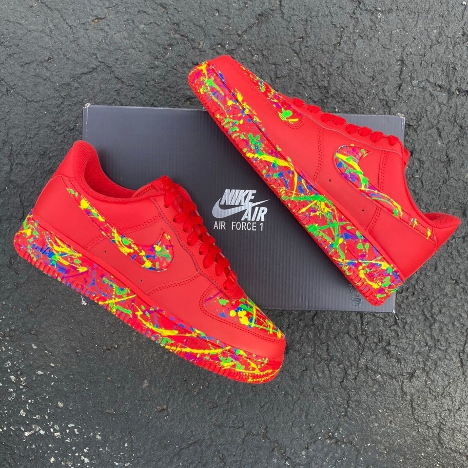 Nike Air Force 1 Custom Triple Red Multi Color Neon Splatter Shoes Mens ...