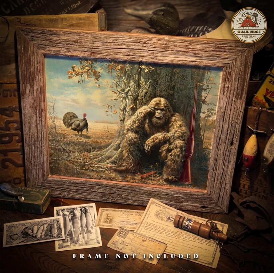 Vintage Sasquatch Bigfoot Art Print Turkey Hunting Artwork Cabin Wall ...