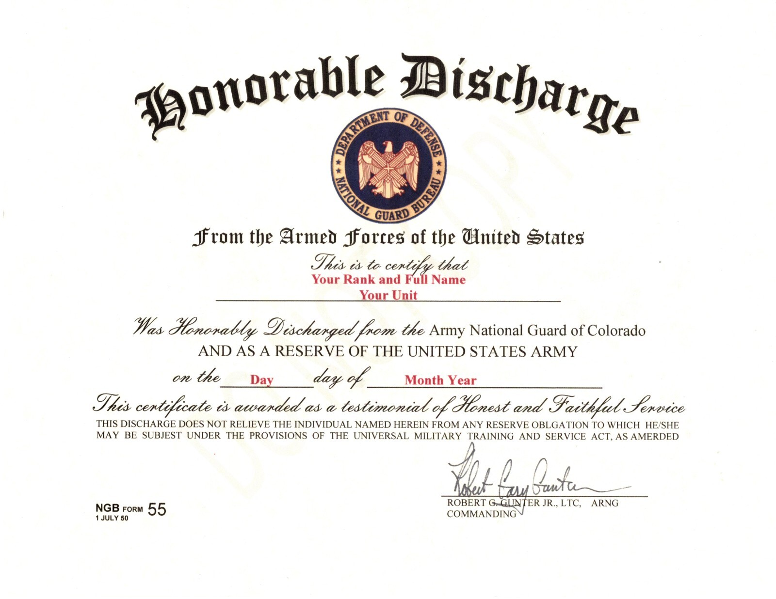 United States Army National Guard Honorable Discharge Replacement ...