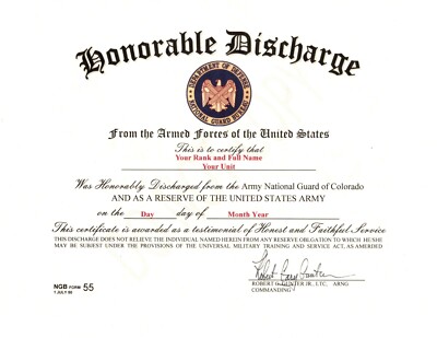 United States Army National Guard Honorable Discharge Replacement ...