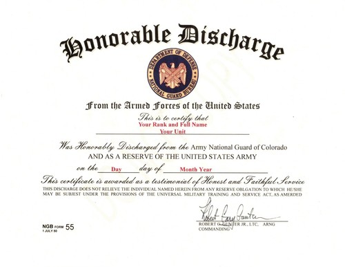 United States Army National Guard Honorable Discharge Replacement ...