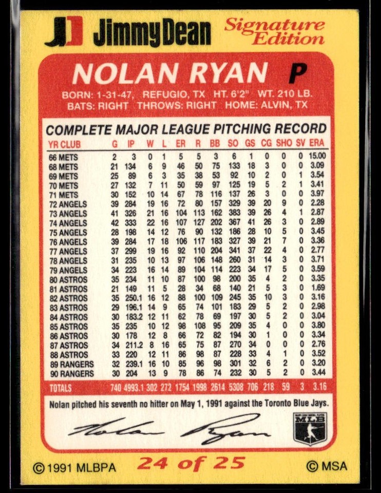 1991 Jimmy Dean Signature Edition #24 Nolan Ryan Baseball Card 0503A ...