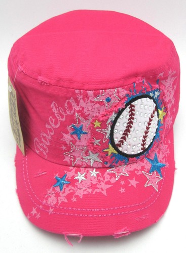 Womens Pink Military Cadet Cap Hat Rhinestone Baseball Stars Distressed ...