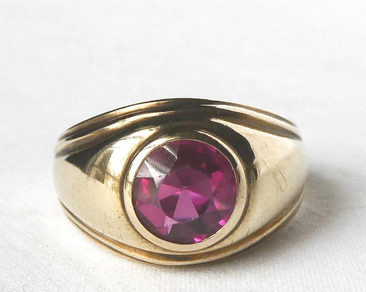 Mens Vintage 10k Gold 2.35 Ct Lab Ruby Bezel Set Solitaire Ring Sz 10. ...