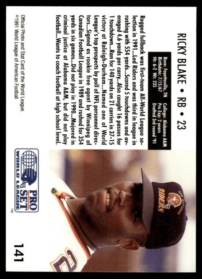 1991 Pro Set World League WLAF RICKY BLAKE #141 San Antonio Riders Set ...