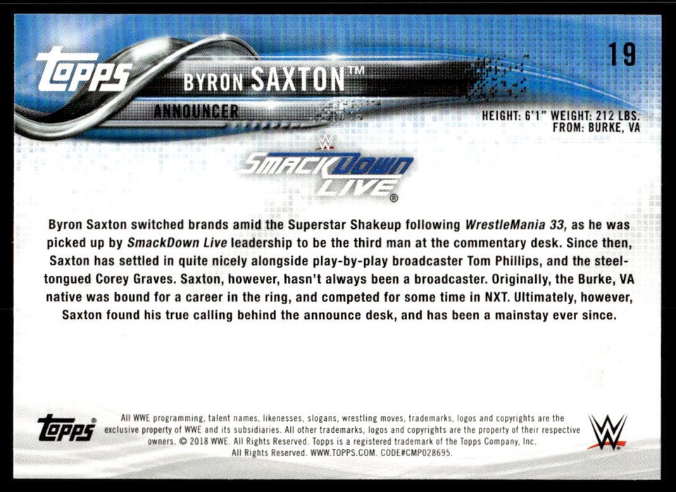 Byron Saxton 2018 Topps WWE #19 Wrestling Card | eBay