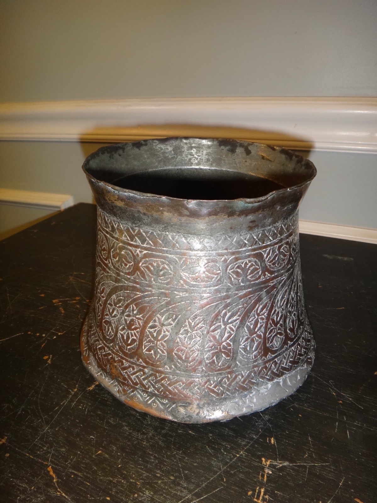 Antique Silvered Persian Copper Vessel Beautifully Etched Turkish Syria ...