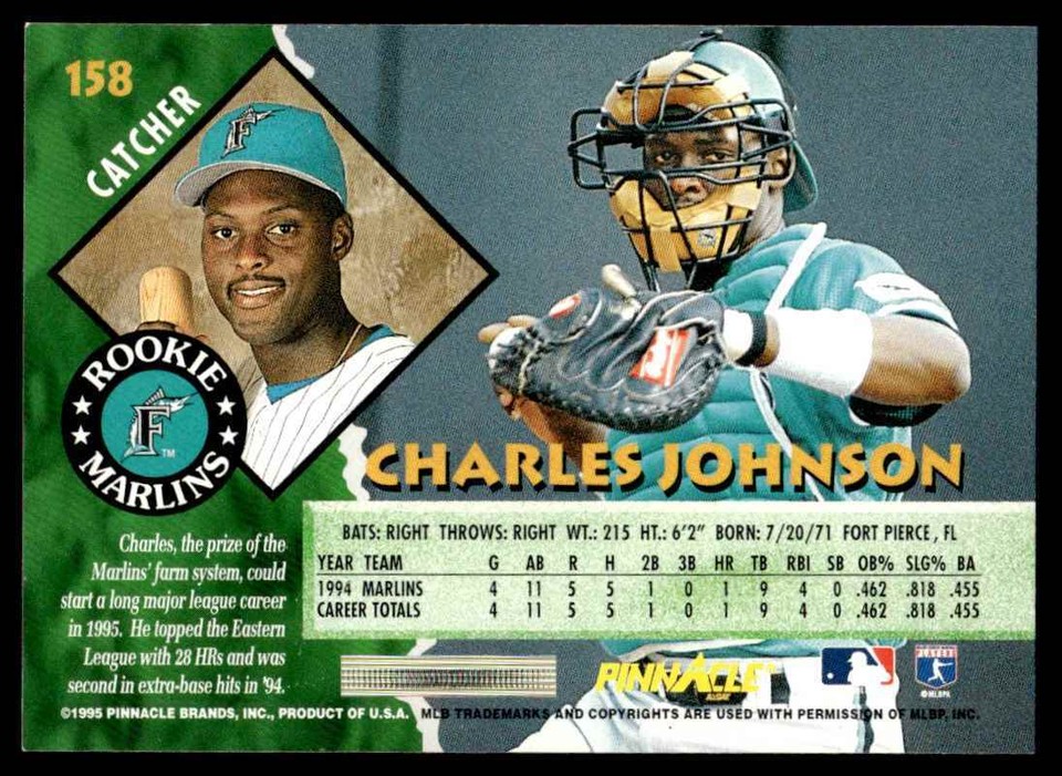 1995 Pinnacle Charles Johnson Rookie Florida Marlins #158 | eBay