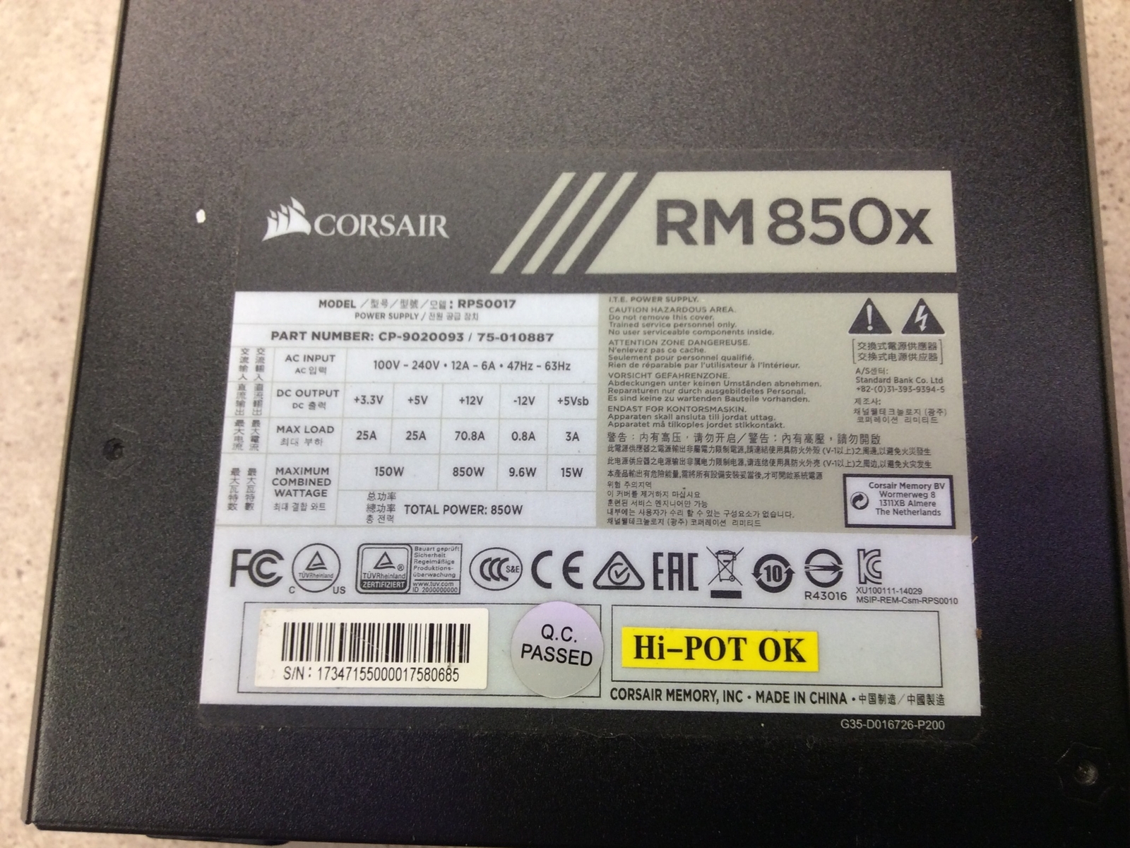 Corsair RM850x 850W 80 Gold Power Supply RPS0017 CP-9020093 / 75-010887 ...