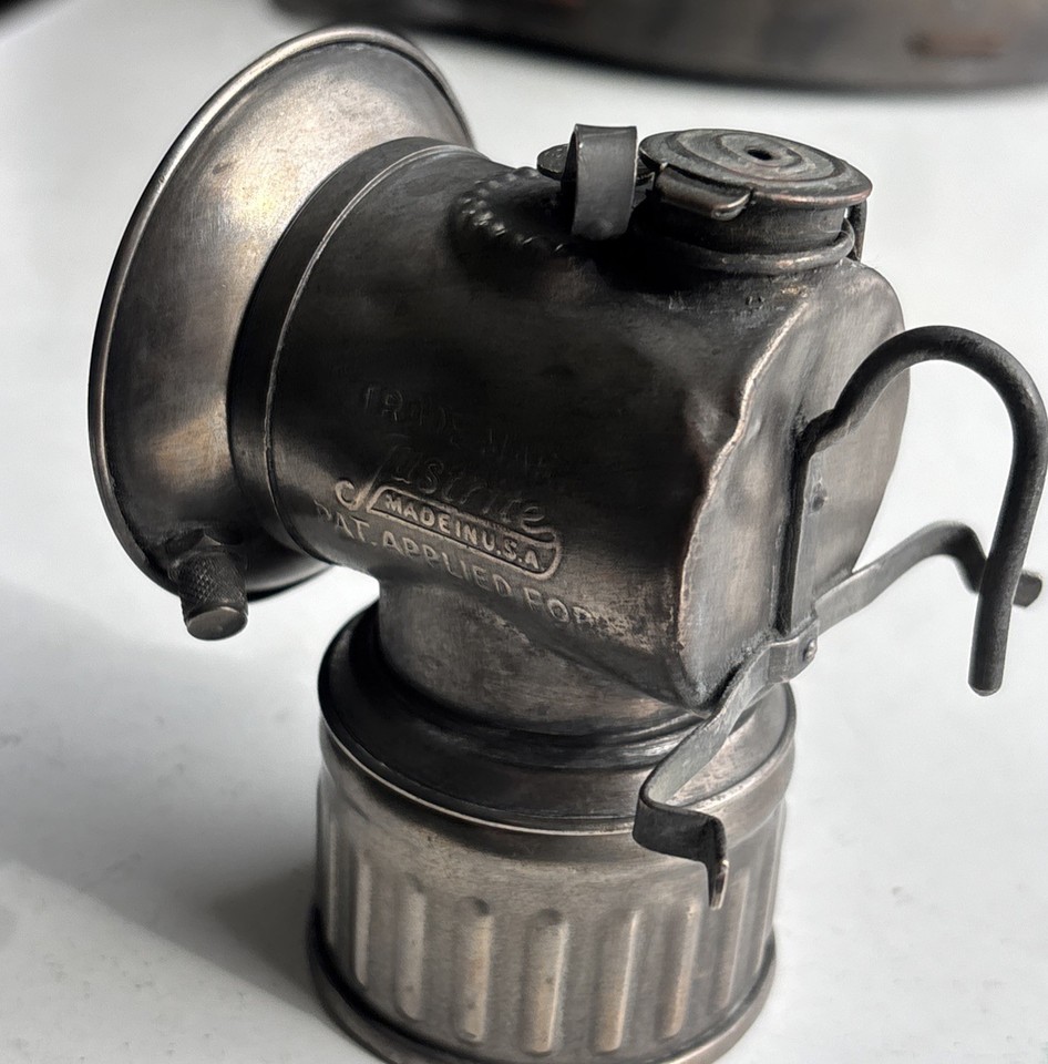Patented 1919 & 1922 Justrite Miners Mining Carbide Lamp Nickel Plated ...
