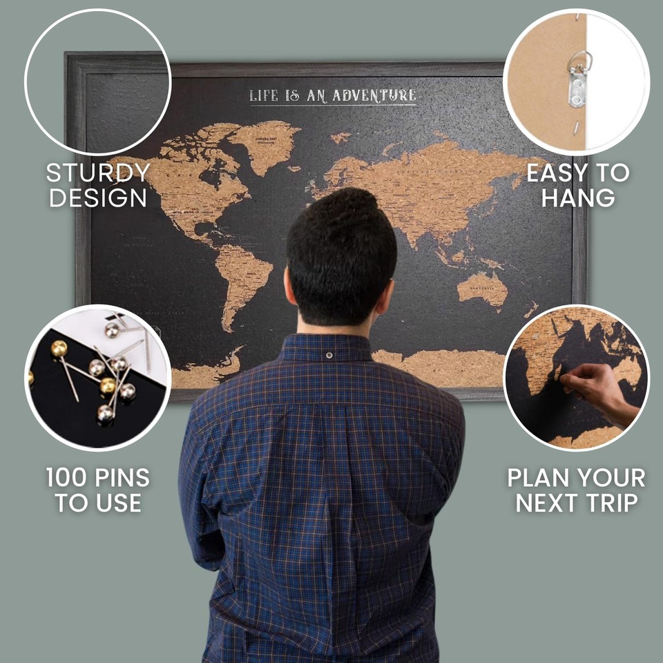 Splosh Large Maps. World Map Pin Board in Black, Wooden Frame. World ...