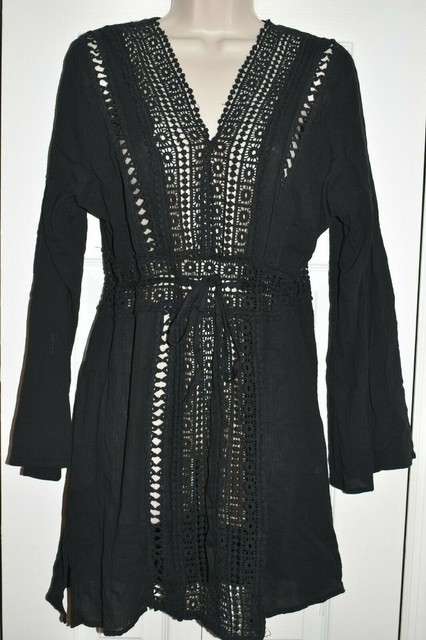 Raviya Swimsuit Cover up Tunic Dress Black Size M Long Sleeve Crochet ...