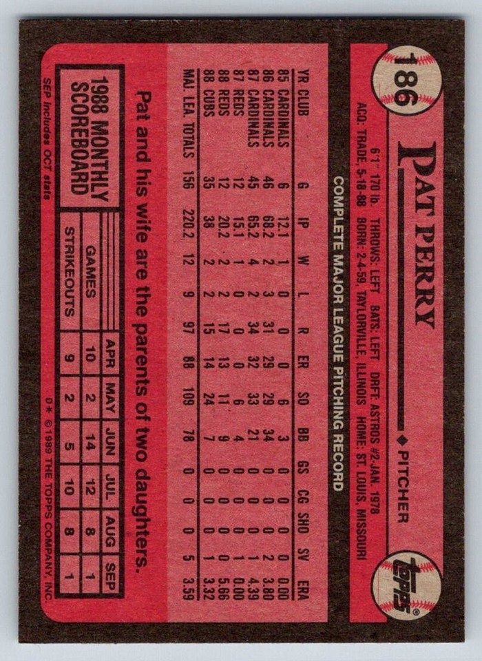 1989 Topps #186 Pat Perry Chicago Cubs | eBay
