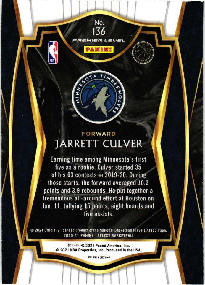 2020-21 Panini Select SIlver Jarrett Culver Minnesota Timberwolves #136 ...