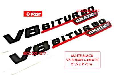 V8 BITURBO 4MATIC badges For Mercedes-Benz NEW Style Matte Black & Red ...