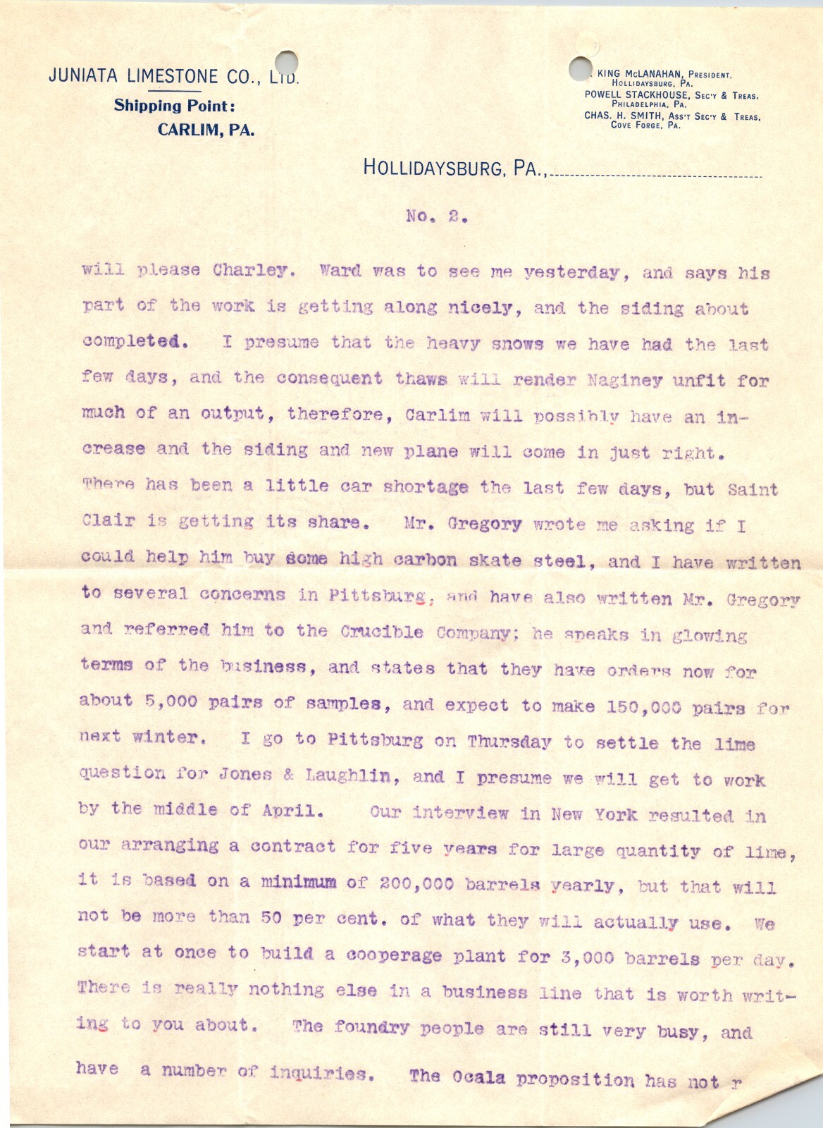 Juniata Limestone Co Hollidaysburg PA 1908 Letter 3 pages Carlim ...