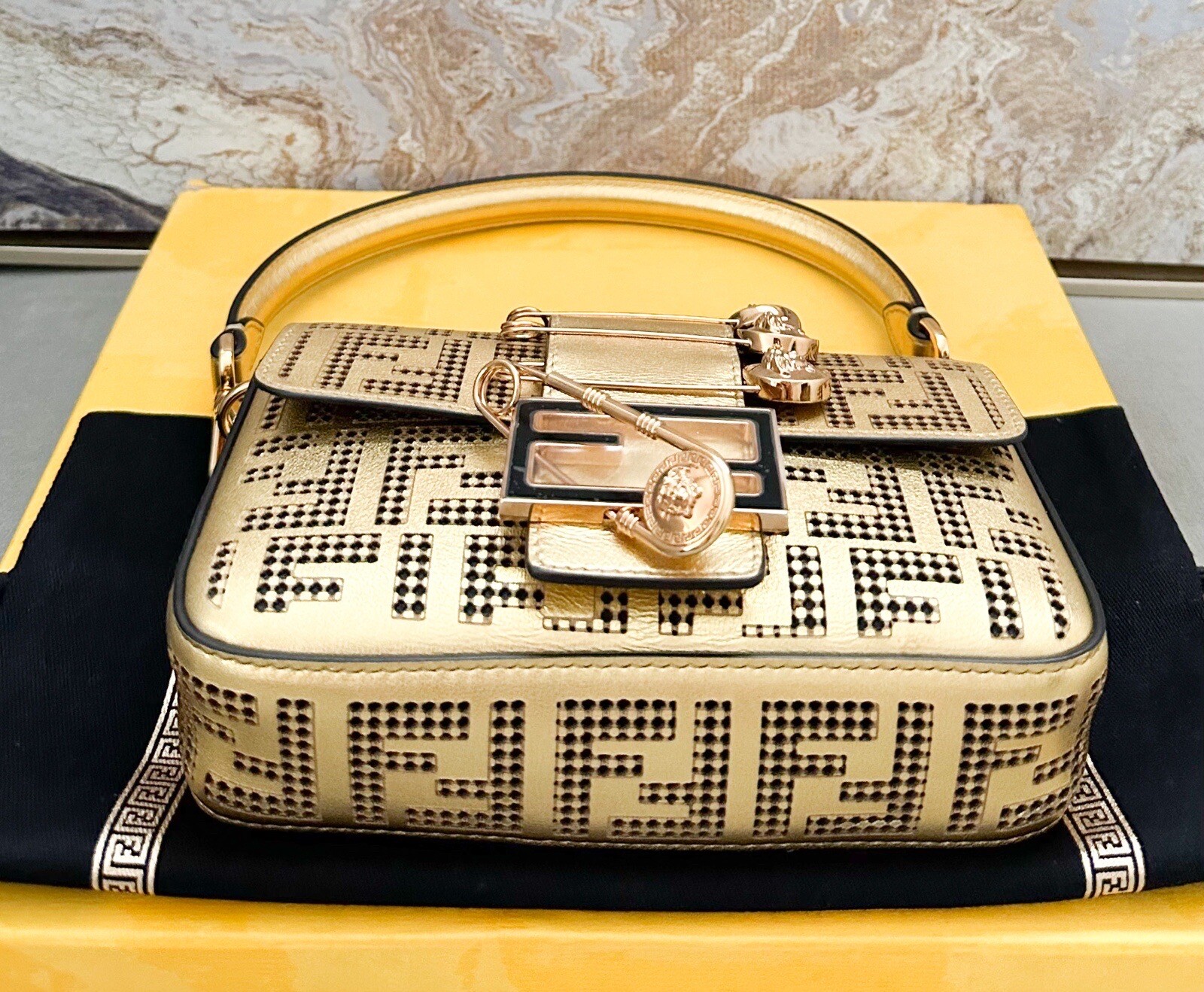 Fendi x Versace Fendace Logo Metallic Brooch Baguette NM Zucca Leather ...