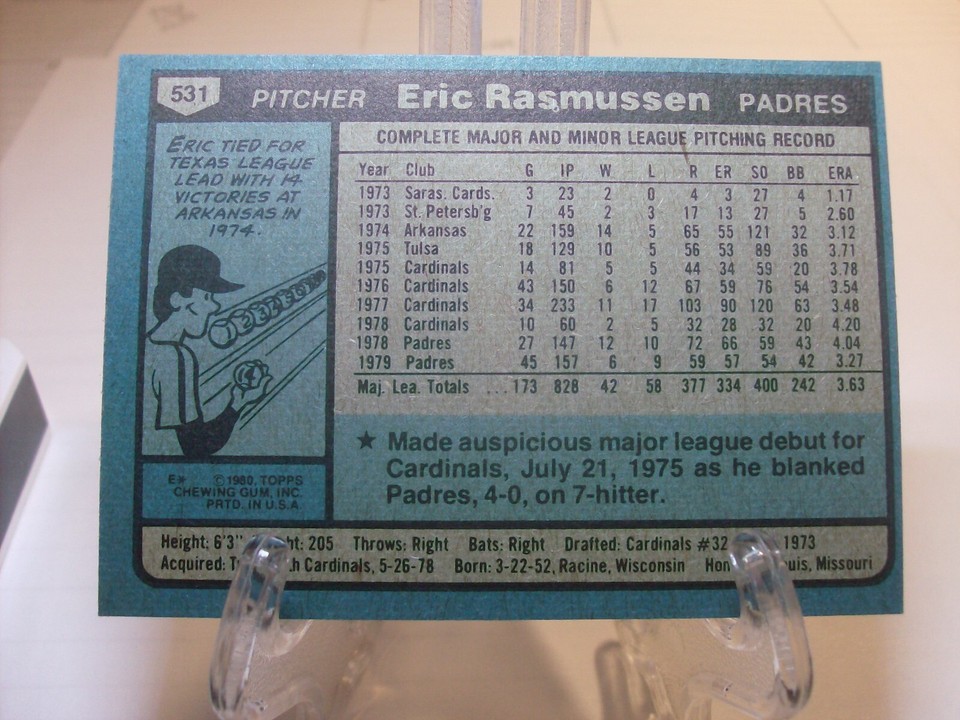 1980 Topps Baseball Card #531 - Eric Rasmussen - San Diego Padres ...