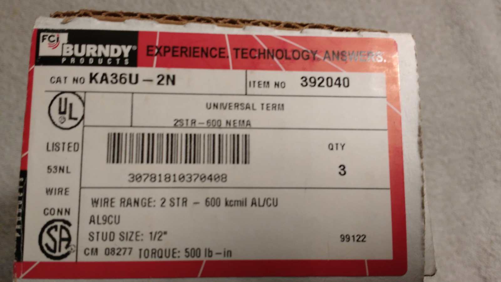 NIB Box of 3 Burndy KA36U-2N Lug / Universal Terminal | eBay