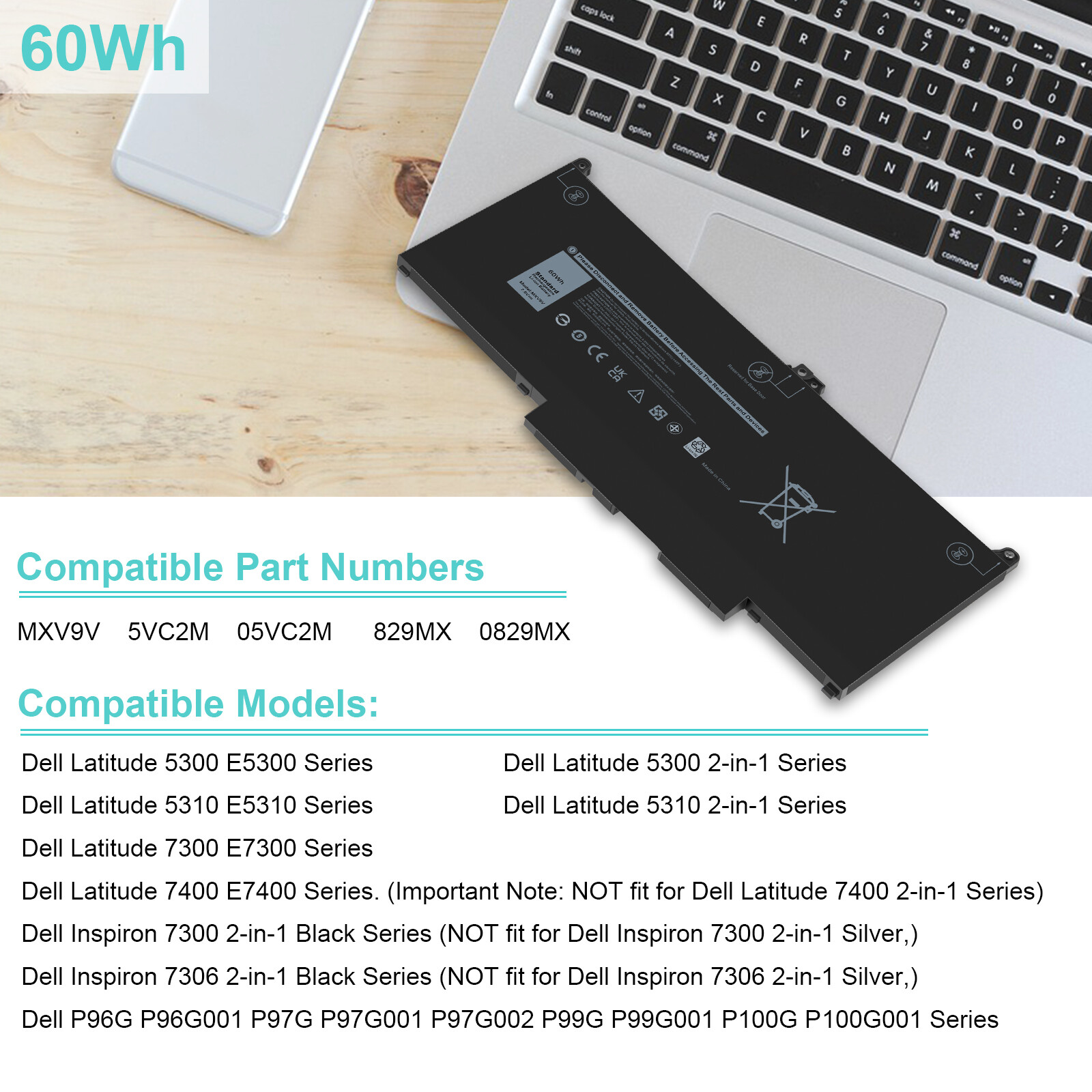 MXV9V Battery for Dell Latitude 5300 5310 7300 7400 7.6V 60Wh 5VC2M ...