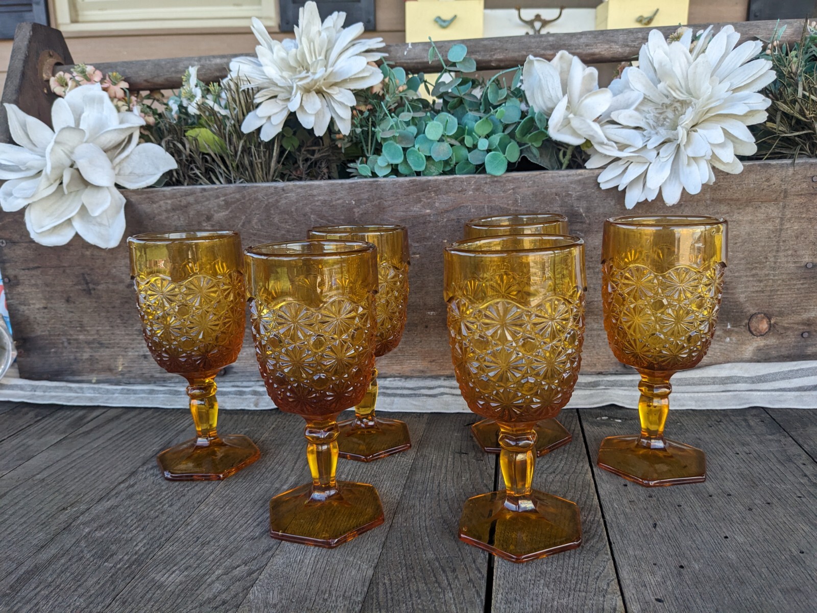 Vintage L.E. Smith Glass Amber Daisy and Button Hexagon Footed Goblets ...