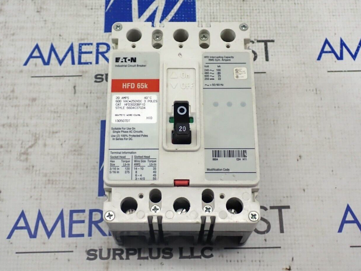 Eaton HFD3020 3 Pole 20 Amp 600 Volt 65kA@480V HFD Circuit Breaker ...